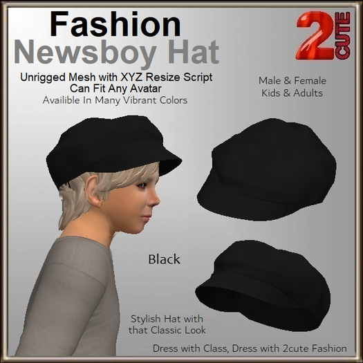 Second Life Marketplace - Fashion Newsboy Hat [2cute] Black